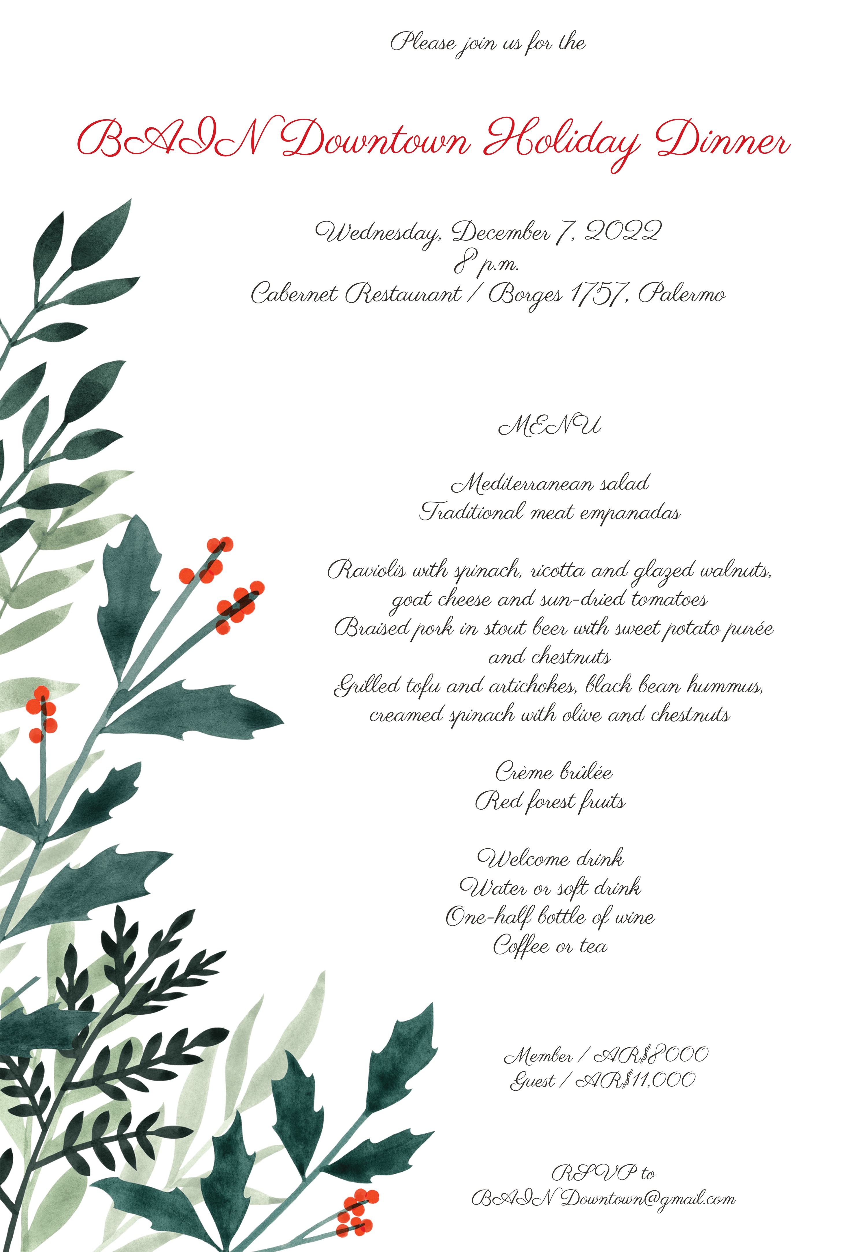 Celebrate the Season at the BAIN Holiday Dinner — December 7 — Cabernet ...